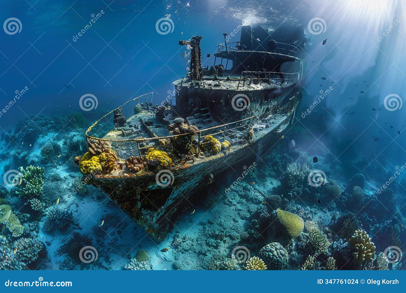 Underwater View of an Sunken Ship on Seabed with Fish Swimming Around ...