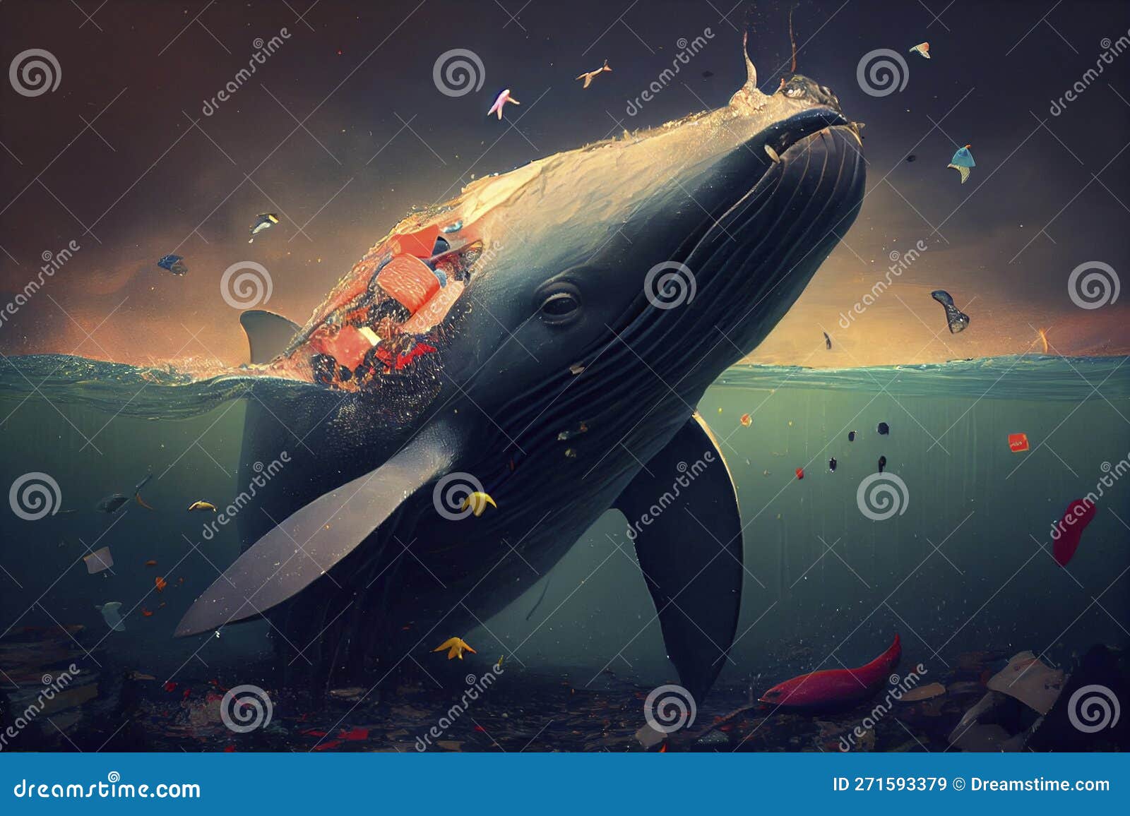 Whale and the Plastic Garbage in the Ocean,Generative AI Illustration ...