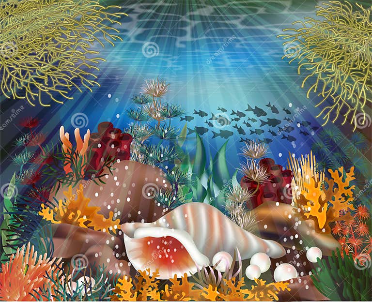 Underwater Wallpaper with Conch Shell, Vector Stock Vector ...