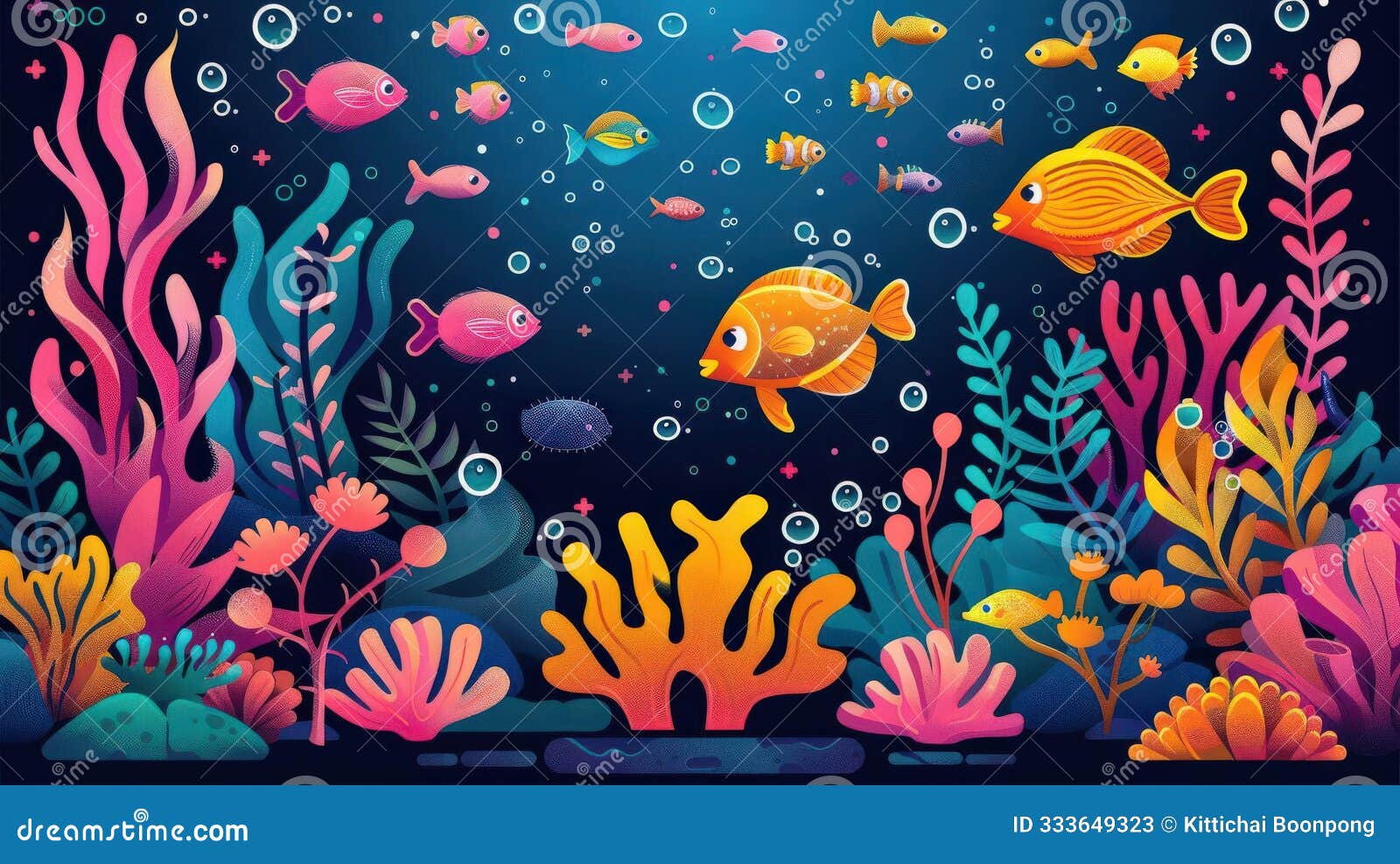 Underwater World, Colorful Fish and Corals, Flat Design Illustration ...