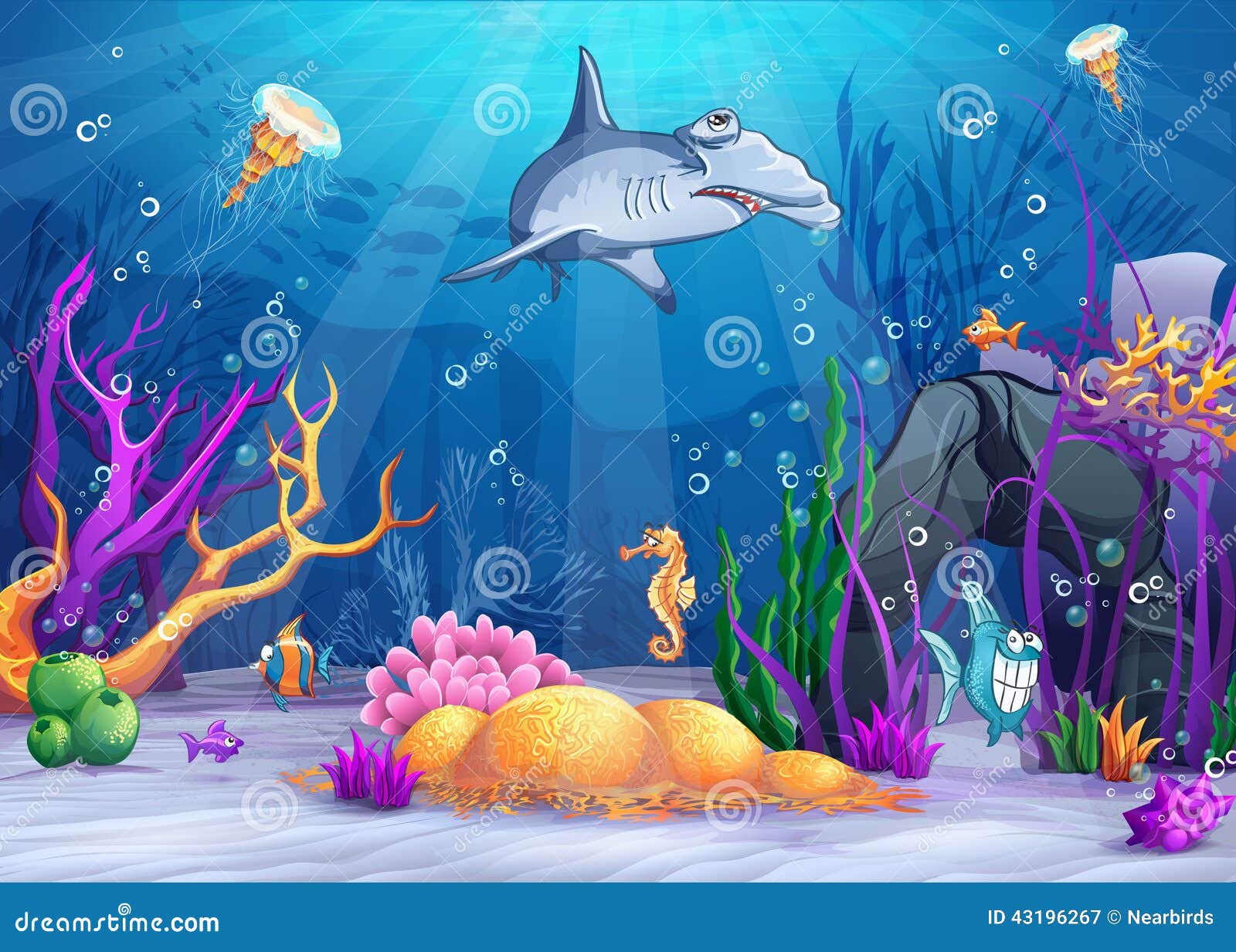 Underwater World with a Funny Fish and Hammerhead Shark Stock ...