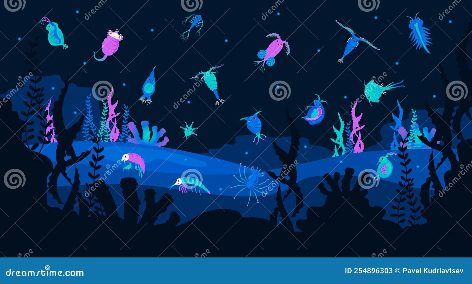 Plankton Sea Microorganisms Icons Cartoon Vector Illustrations Set ...