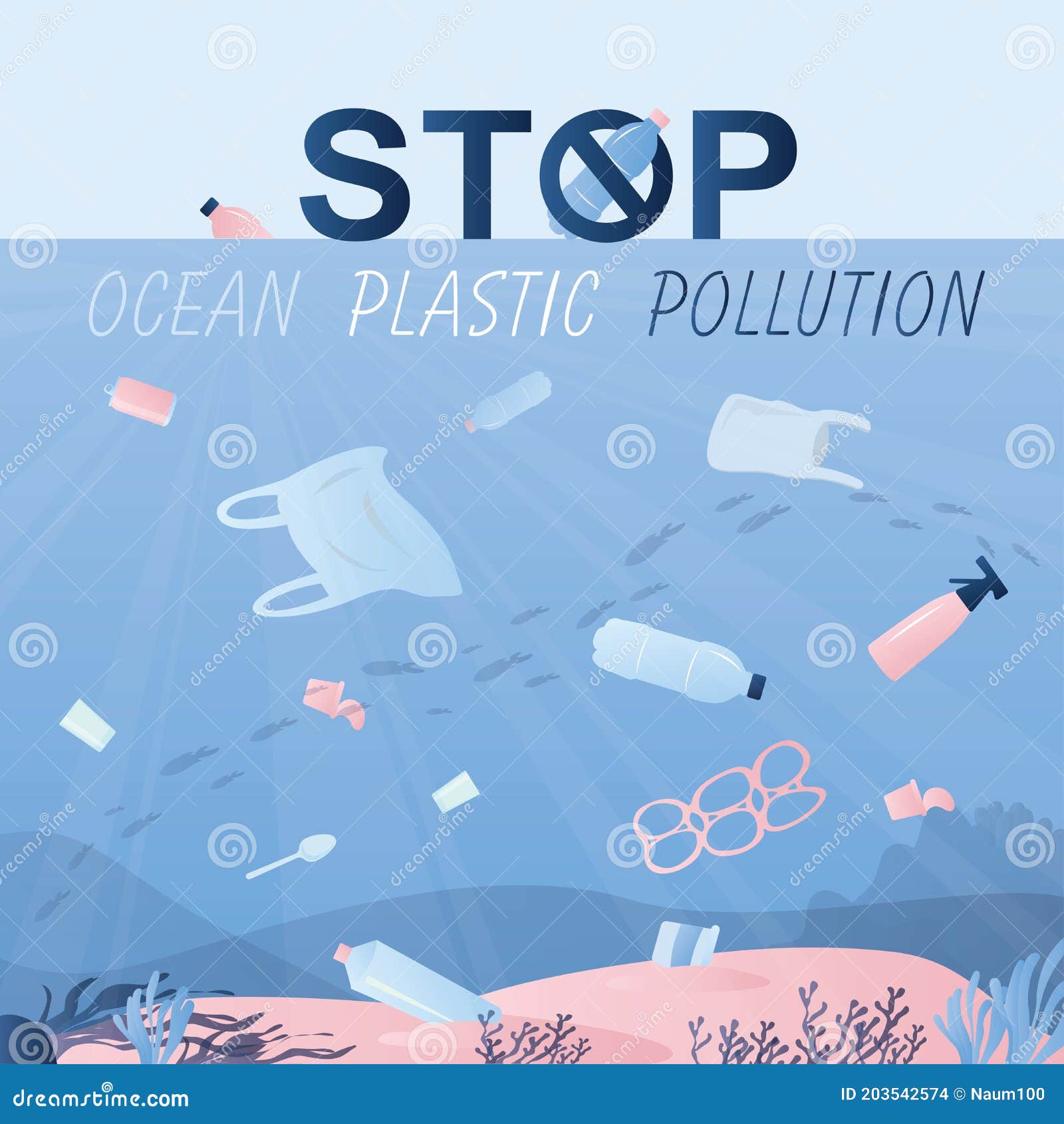 Underwater World with Plastic Trash and Various Garbage. Stop Ocean ...