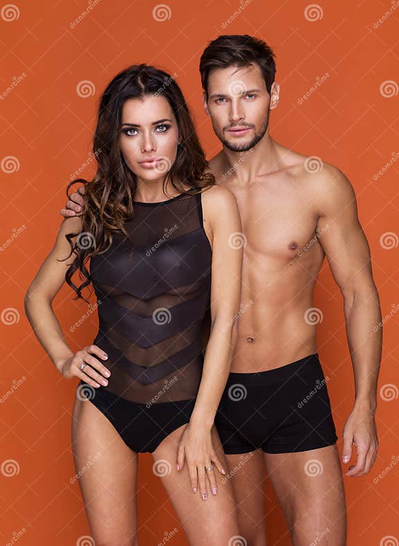 Portrait Of Undress Couple Young Handsome Man Touching Young Woman