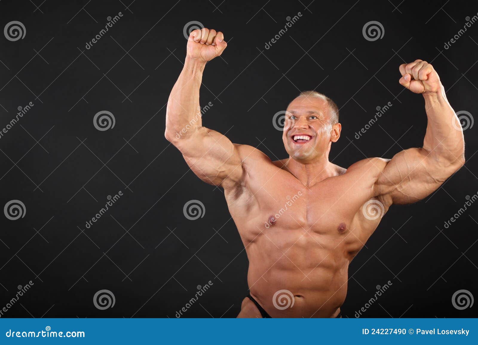Undressed Bodybuilder Raises Fists Up Stock Photo - Image of laugh ...