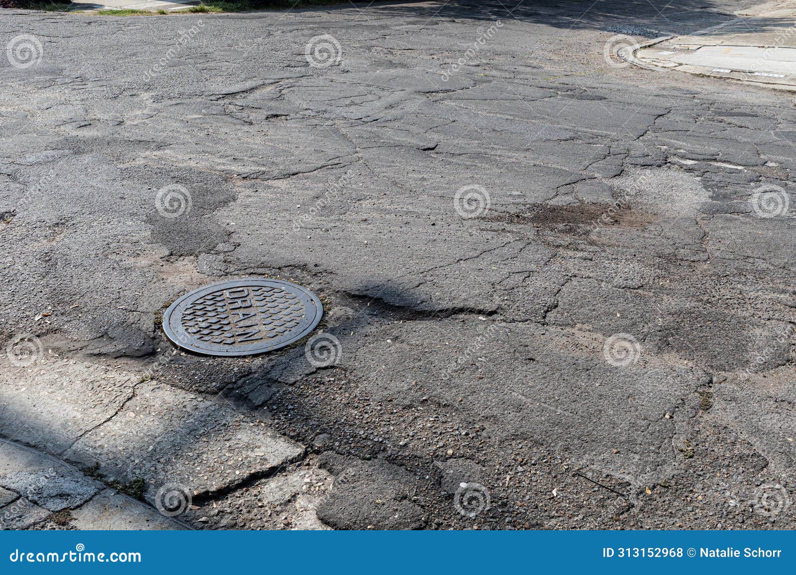 Undulating Asphalt with Patch Layers Crumbling, Manhole Drain Creative ...