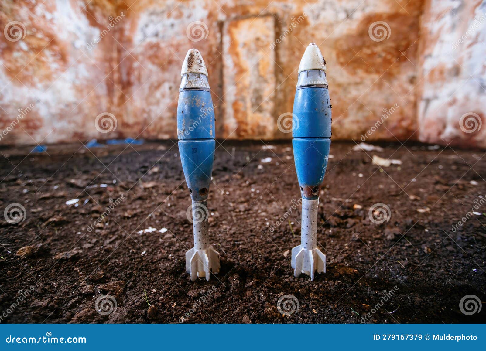 Unexploded Mortar Mines on Ground. War Actions Aftermath Stock Image ...