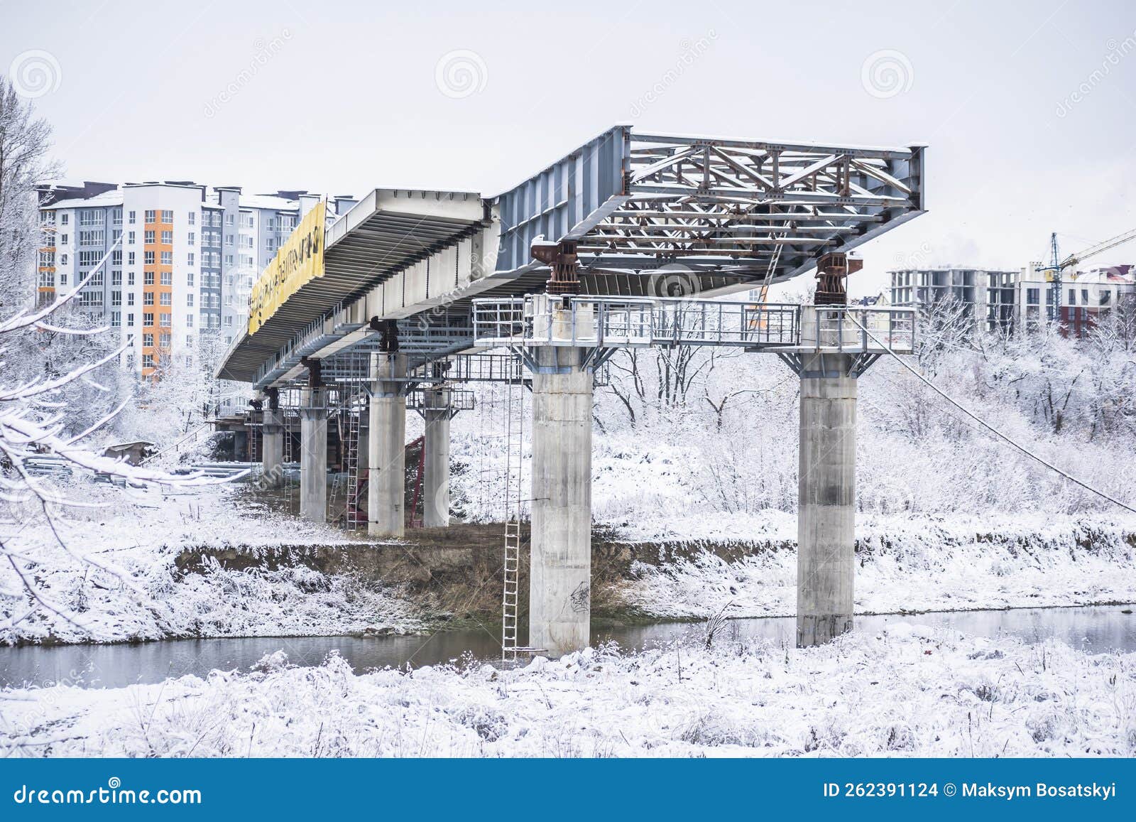 Unfinished Bridge Across the River Stock Photo - Image of machine ...