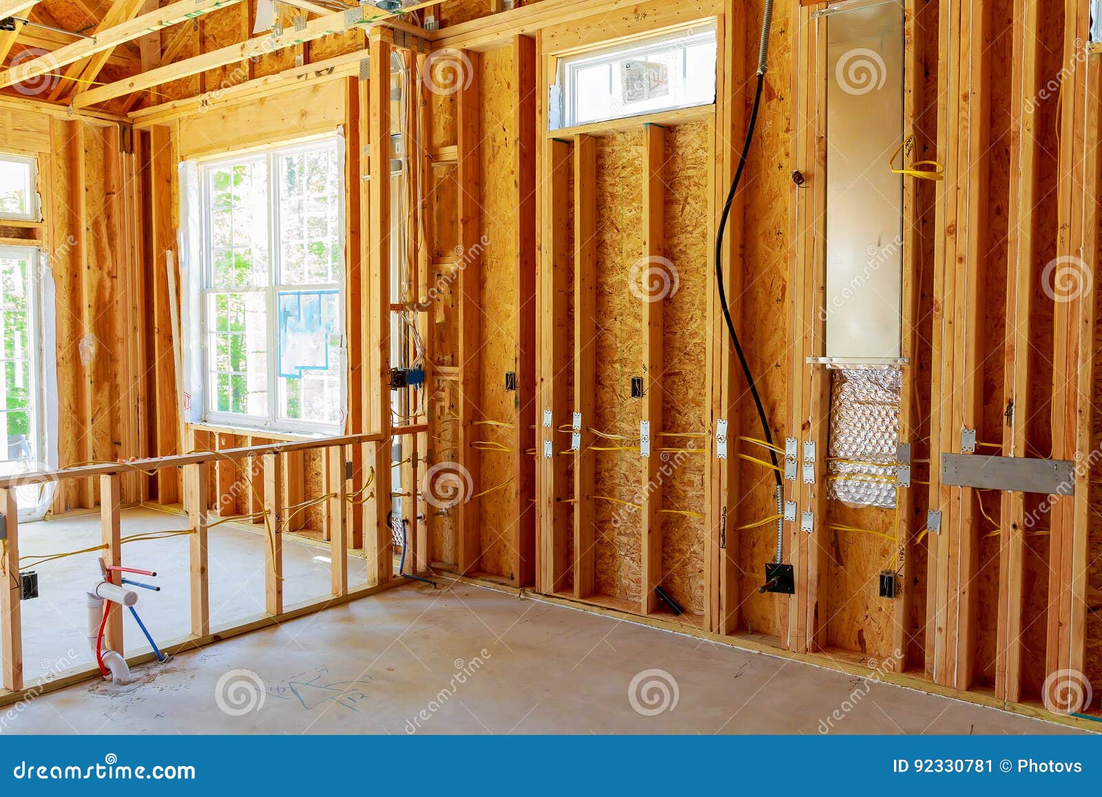 Unfinished Home Interior Under Construction With Exposed Wooden Framing ...