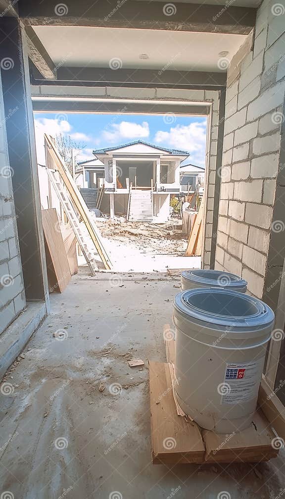 Unfinished Home Interior with Construction Materials and View of ...