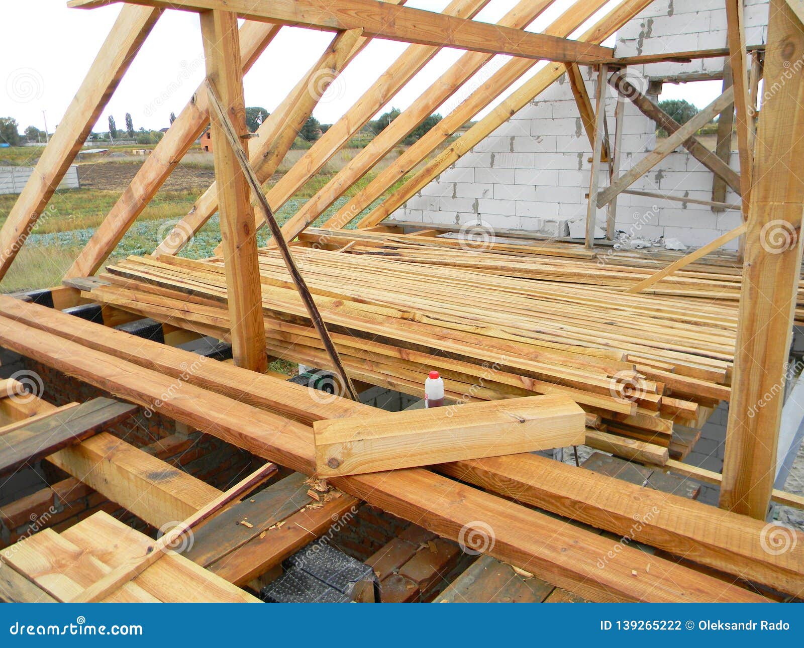 Unfinished House Roofing Construction Trusses, Timber Stock Photo ...