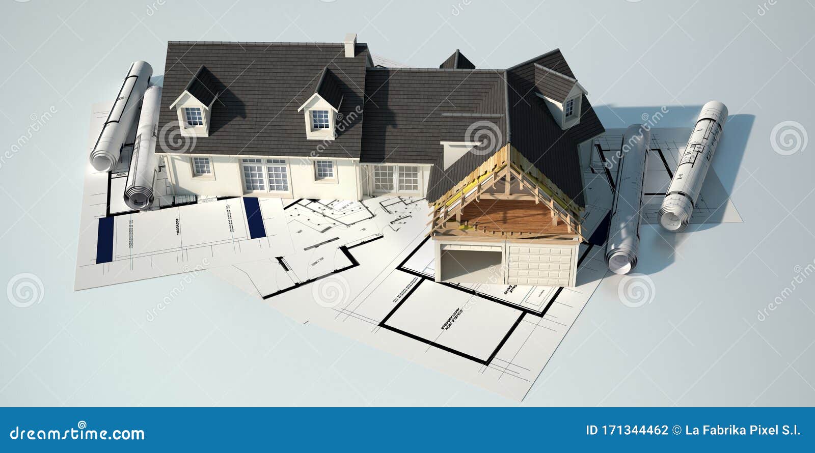 Unfinished House on Top of Blueprints Stock Illustration - Illustration ...
