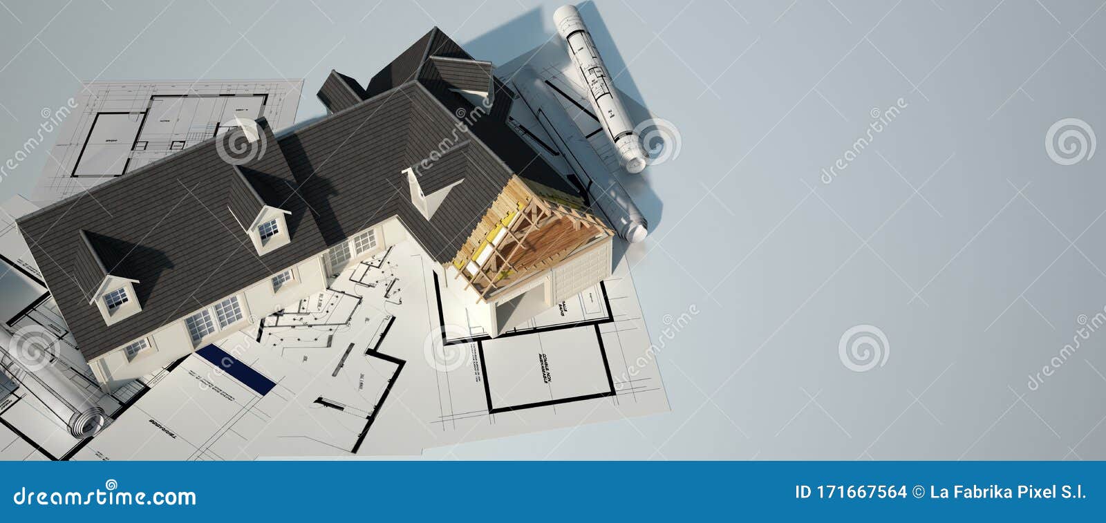 Unfinished House on Top of Blueprints Stock Illustration - Illustration ...