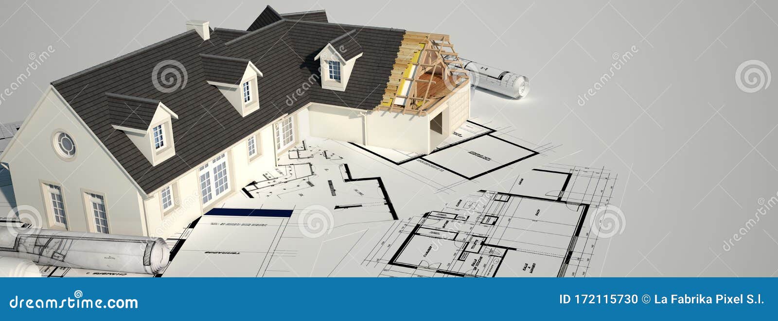Unfinished House on Top of Blueprints Stock Illustration - Illustration ...