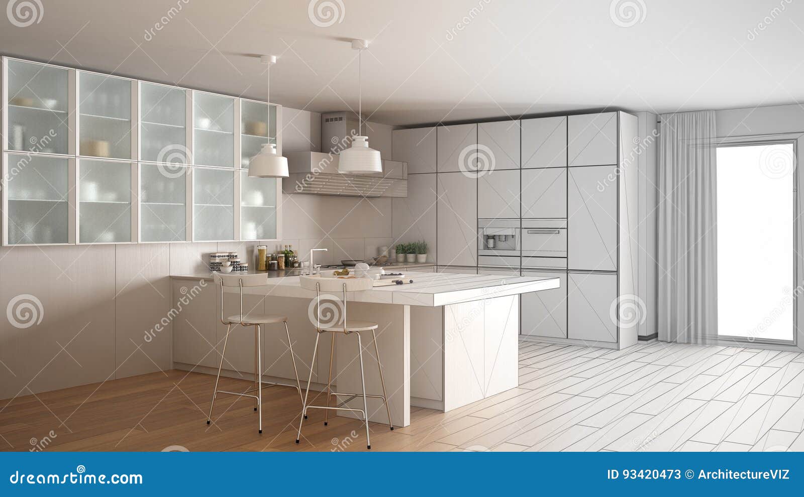 Unfinished Project of Modern Kitchen with Big Window, Sketch Abs Stock ...