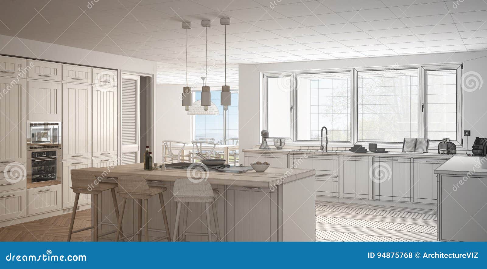 Unfinished Project of Modern Scandinavia Kitchen with Big Panoramic ...