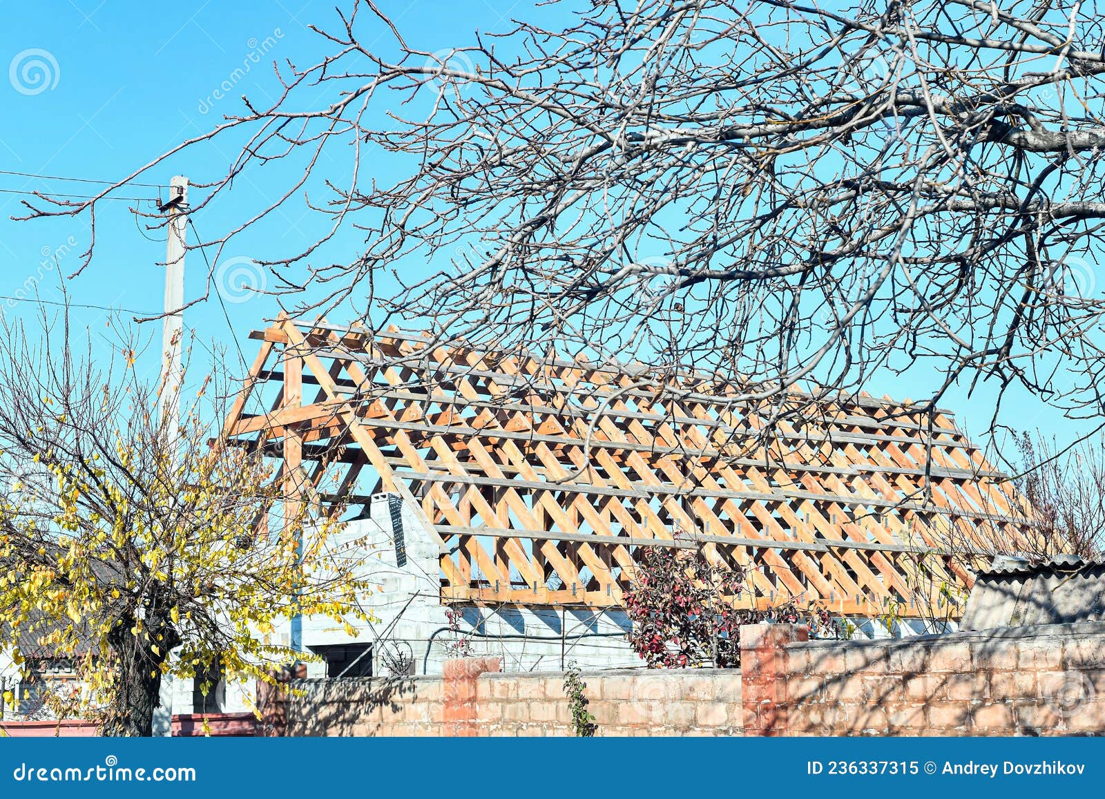 Unfinished Roofing Construction With A Close-up On Ceiling Joists ...