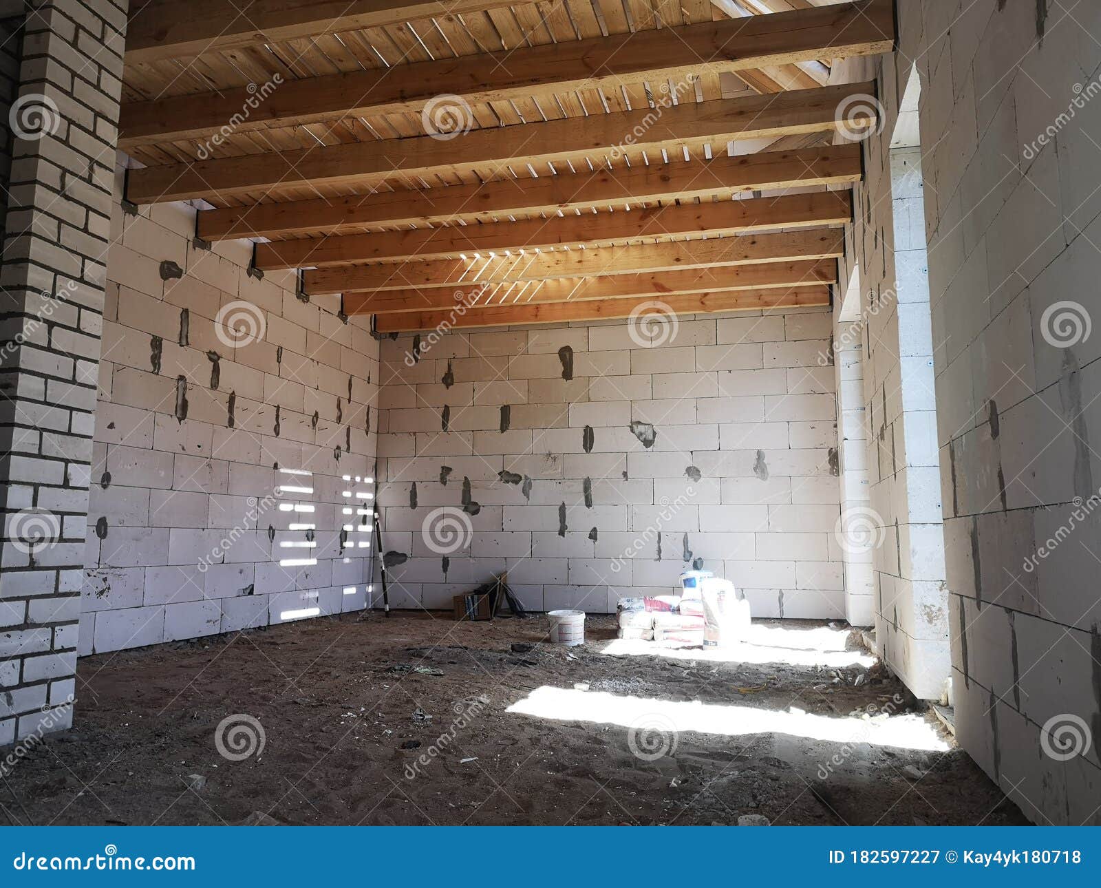 Unfinished Room with Wooden Ceiling Stock Image - Image of indoors ...