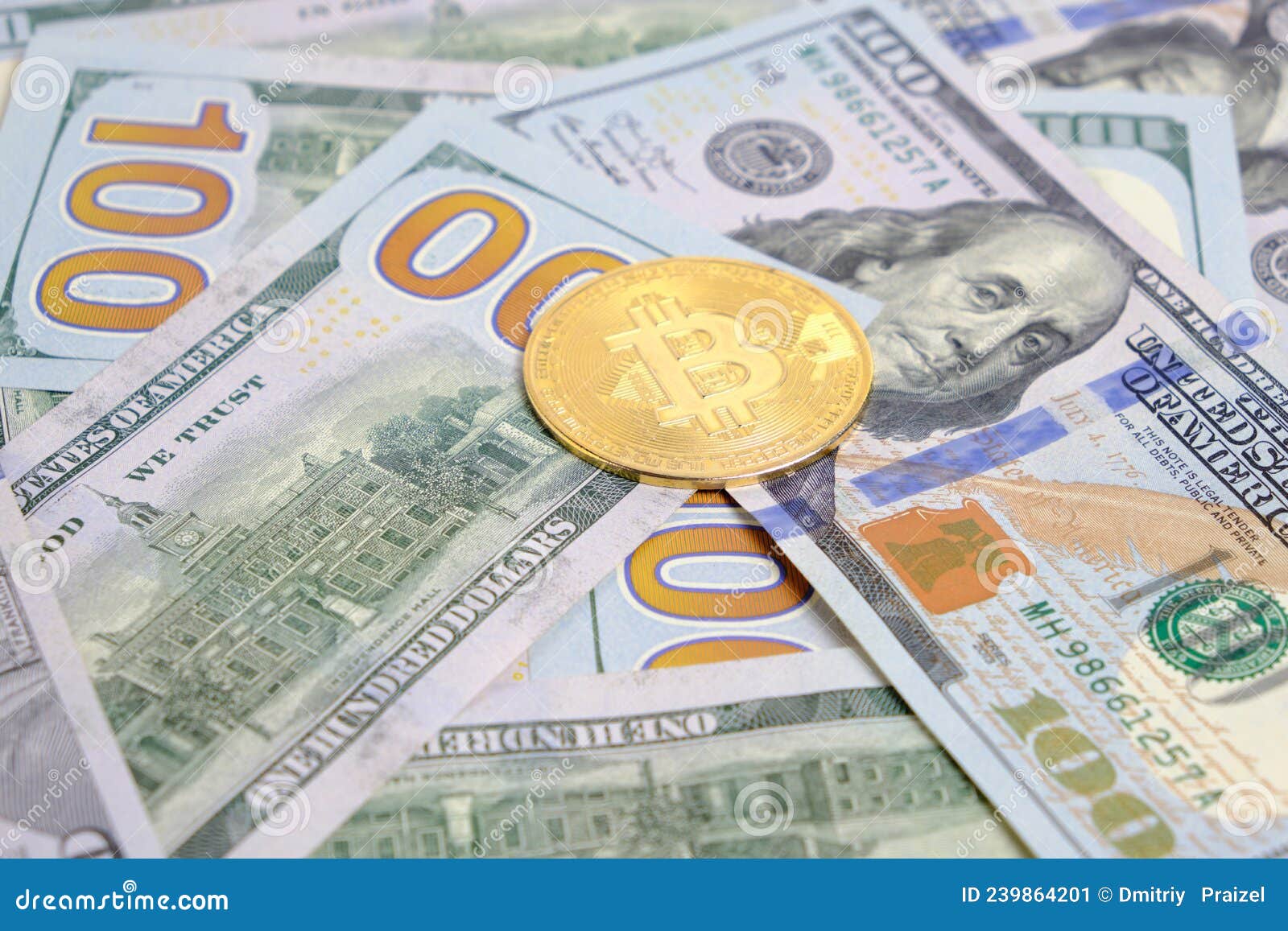 Unfolded Bundle of Hundred Dollar Bills and One Bitcoin Coin Stock ...