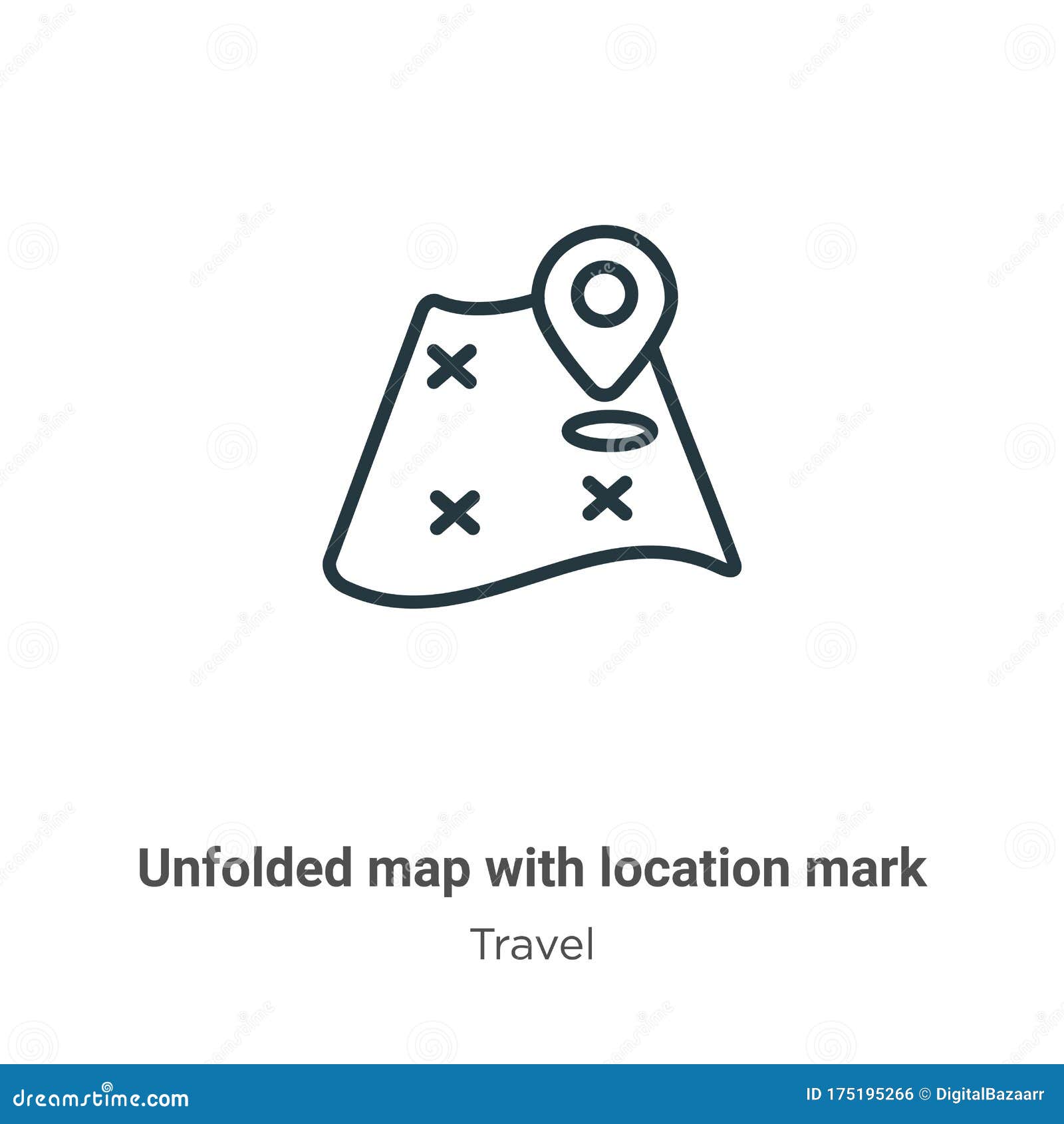 Unfolded Map with Location Mark Outline Vector Icon. Thin Line Black ...