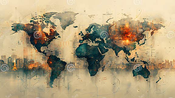 Unfolding Digital Map on Earth Background with Abstract Elements Stock ...