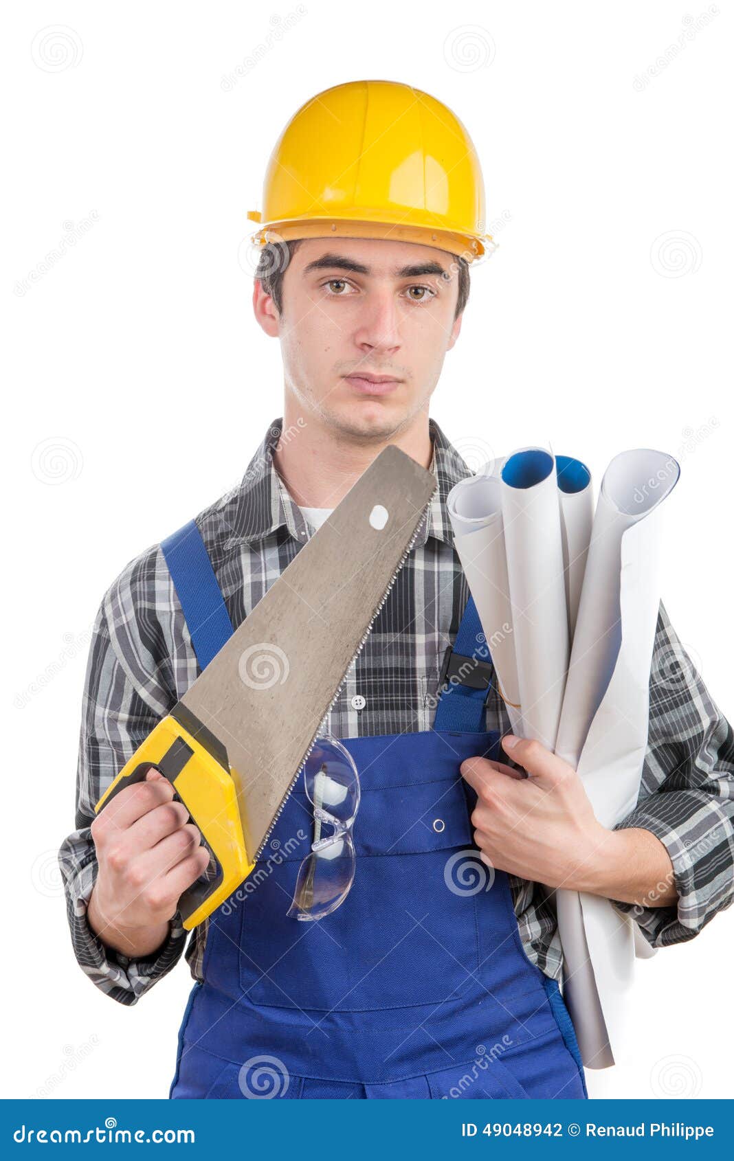 Ung Arbetare Med En Handsaw Arkivfoto - Bild av hjälm, plattform: 49048942