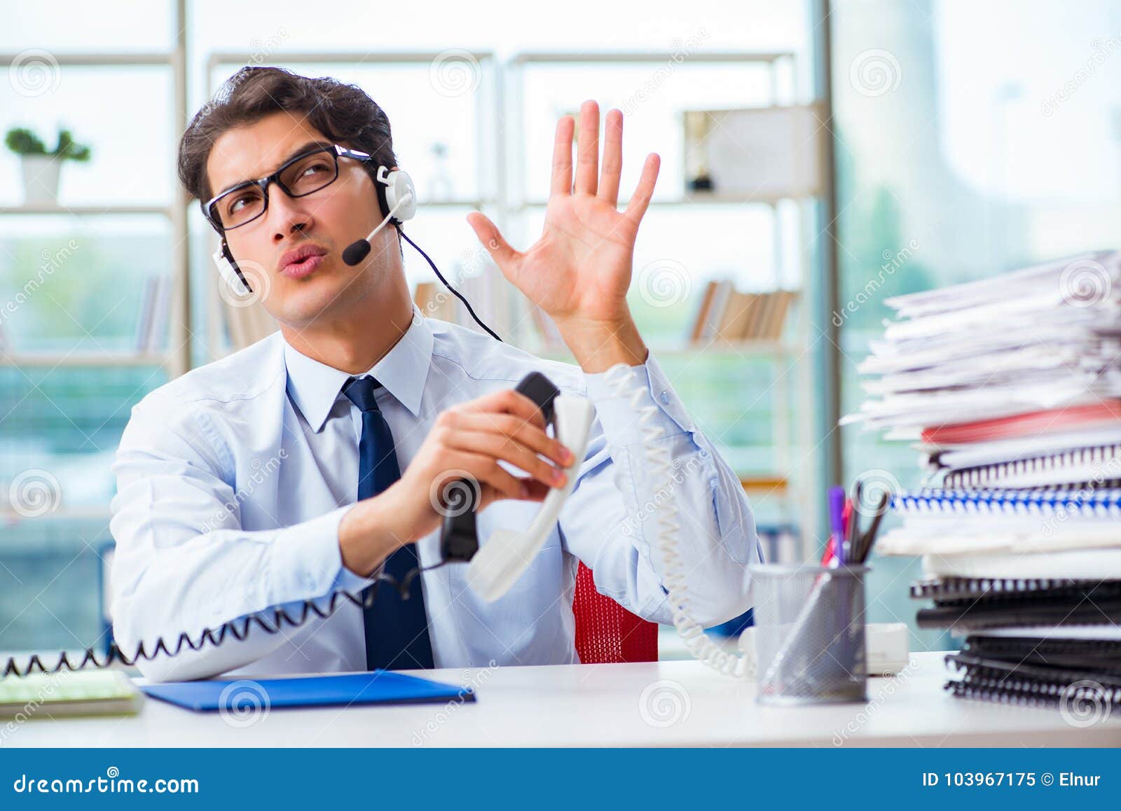 The Unhappy Angry Call Center Worker Frustrated with Workload Stock ...