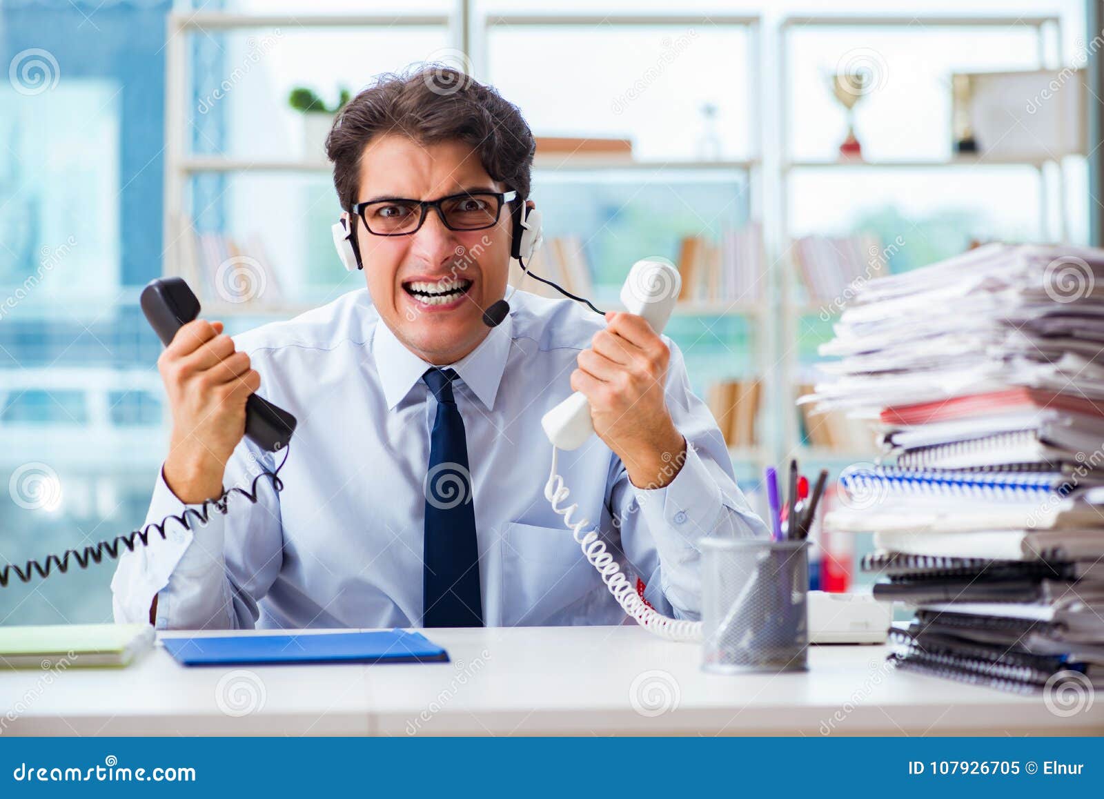 The Unhappy Angry Call Center Worker Frustrated with Workload Stock ...