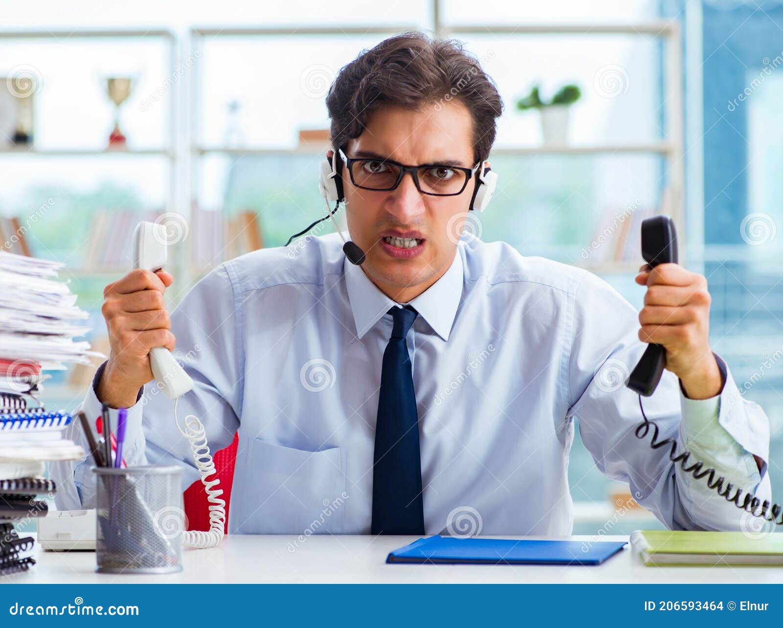 Unhappy Angry Call Center Worker Frustrated with Workload Stock Photo ...