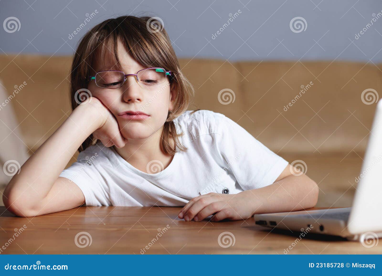 Unhappy Boy Sits in Front of His Laptop Stock Photo - Image of educate ...