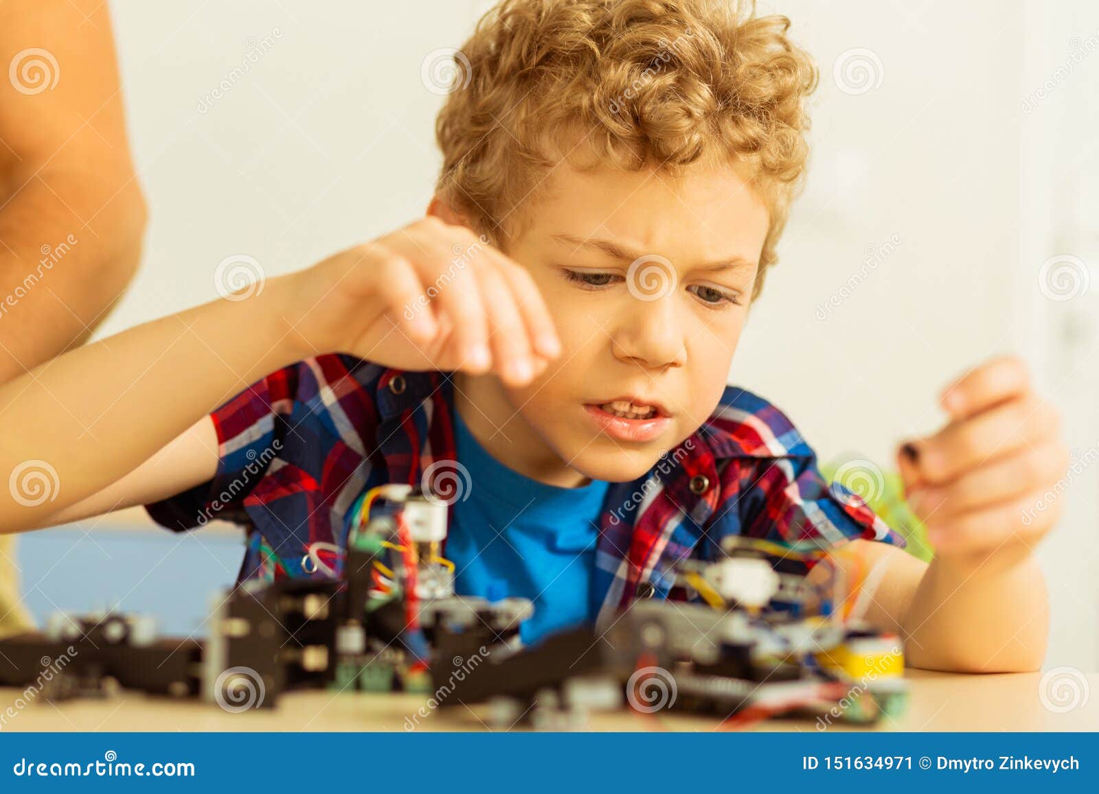 Unhappy Cute Boy Having Problems with Robot Construction Stock Image ...