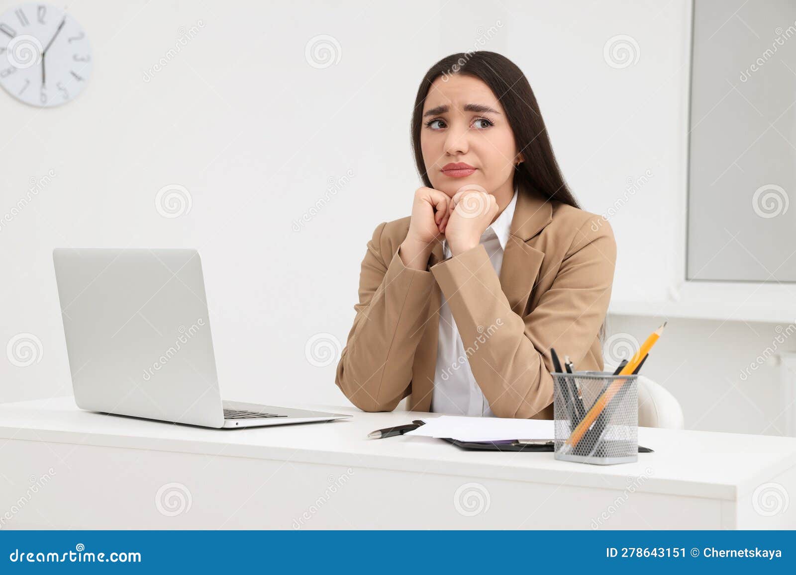 Unhappy Young Female Intern at Table in Office Stock Image - Image of ...