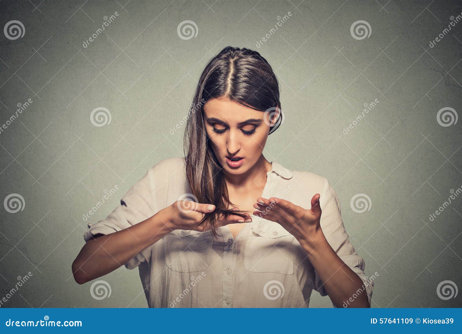 Unhappy Frustrated Young Woman Surprised She Is Losing Hair Stock Image