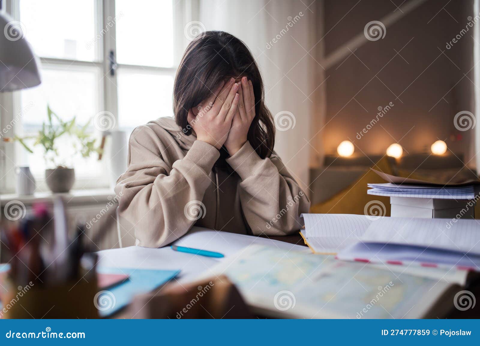Unhappy Girl Doing Homework in Her Room. Stock Image - Image of desk ...