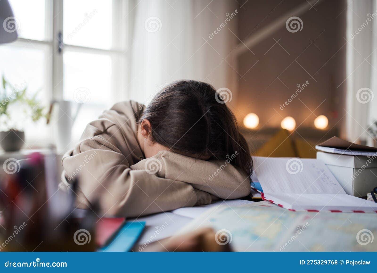 Unhappy Girl Doing Homework in Her Room. Stock Photo - Image of learn ...