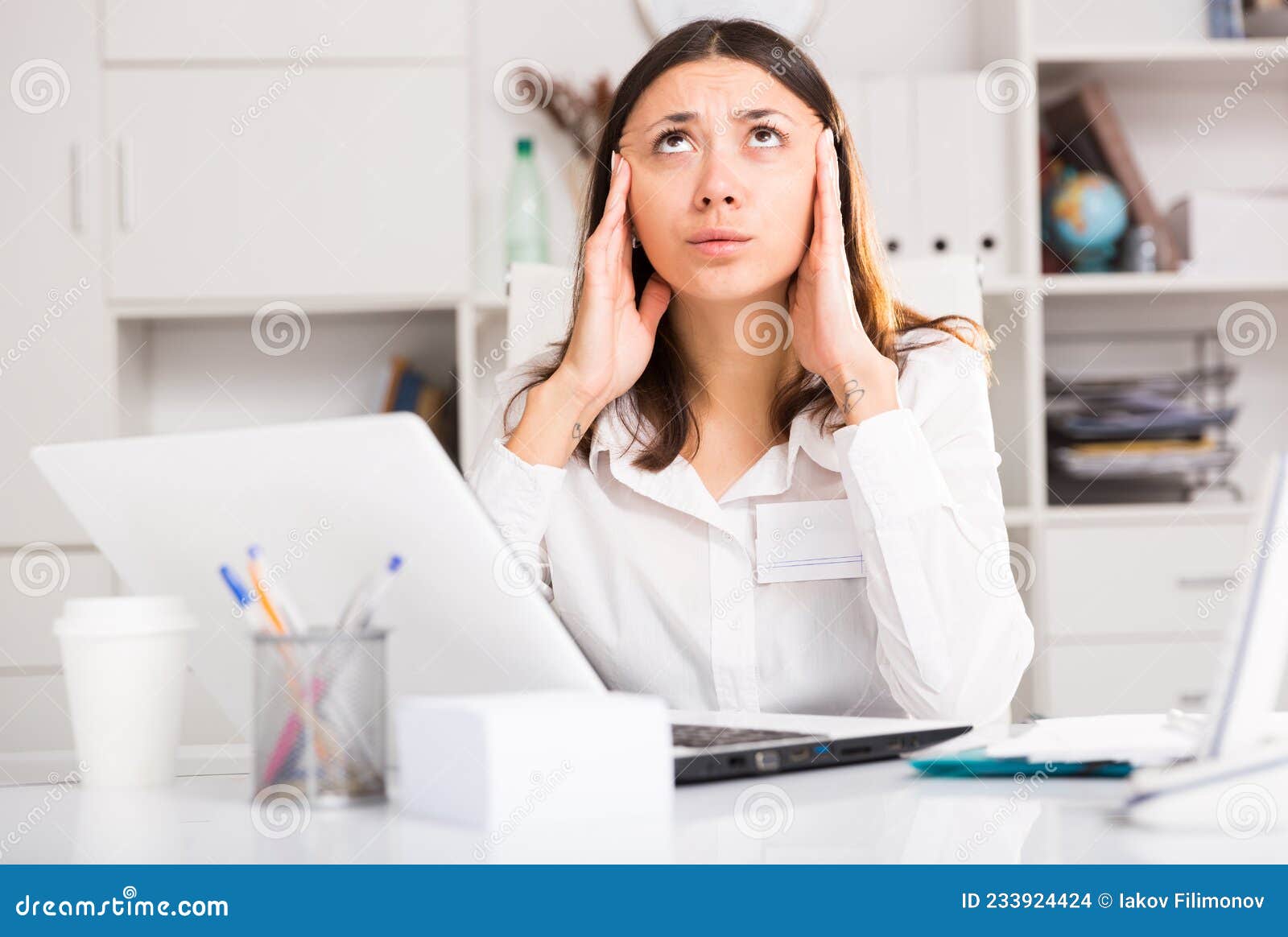 Unhappy Girl Manager Working with Laptop and Documents at Table Stock ...