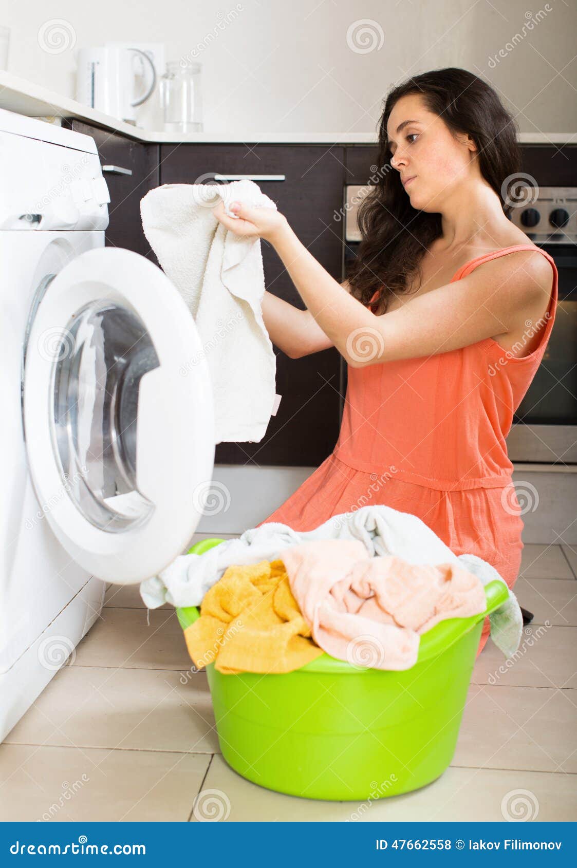 Unhappy Girl Using Washing Machine at Home Stock Photo - Image of ...