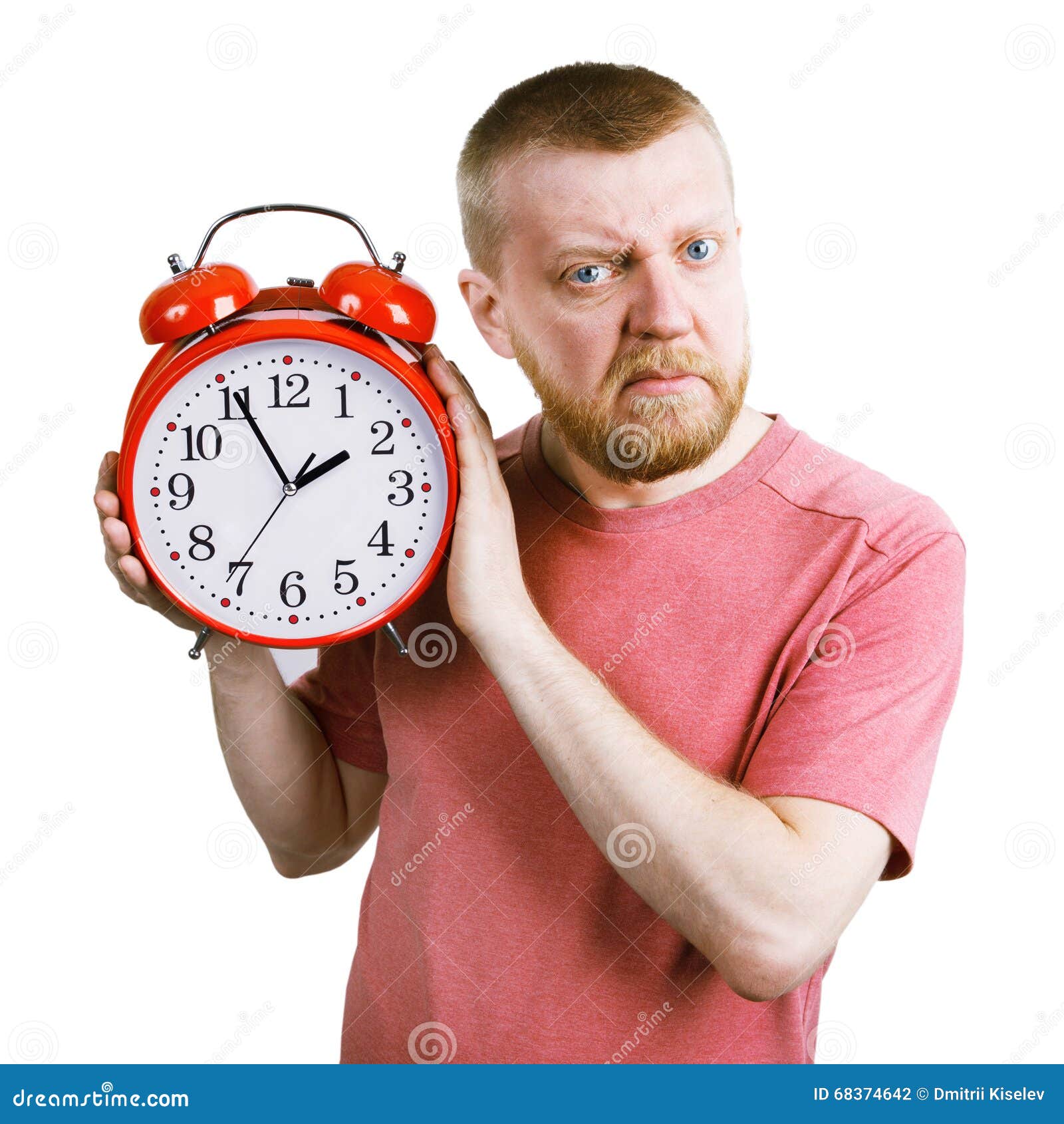 Unhappy Man with a Red Alarm Clock in His Hand Stock Photo - Image of ...