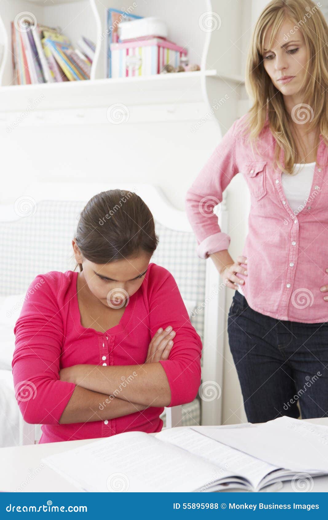 Unhappy Mother Telling Off Daughter for Not Doing Homework Stock Photo ...