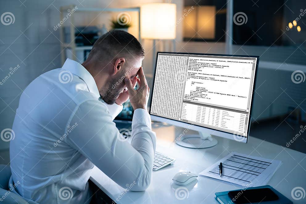 Unhappy Sad Developer Programmer Man in Stress Coding Software Stock ...