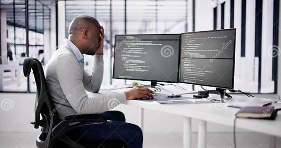 Unhappy Sad Developer Programmer Man in Stress Coding Software Stock ...