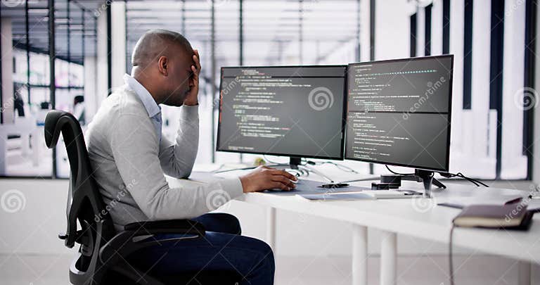 Unhappy Sad Developer Programmer Man in Stress Coding Software Stock ...