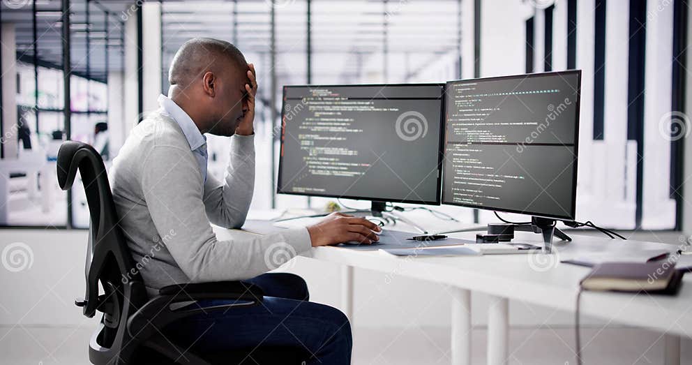 Unhappy Sad Developer Programmer Man in Stress Coding Software Stock ...