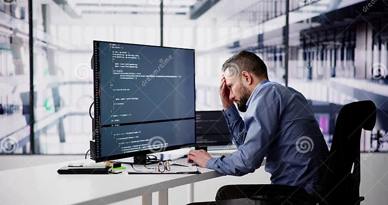 Unhappy Sad Developer Programmer Man In Stress Coding Software Stock Image Image Of Program