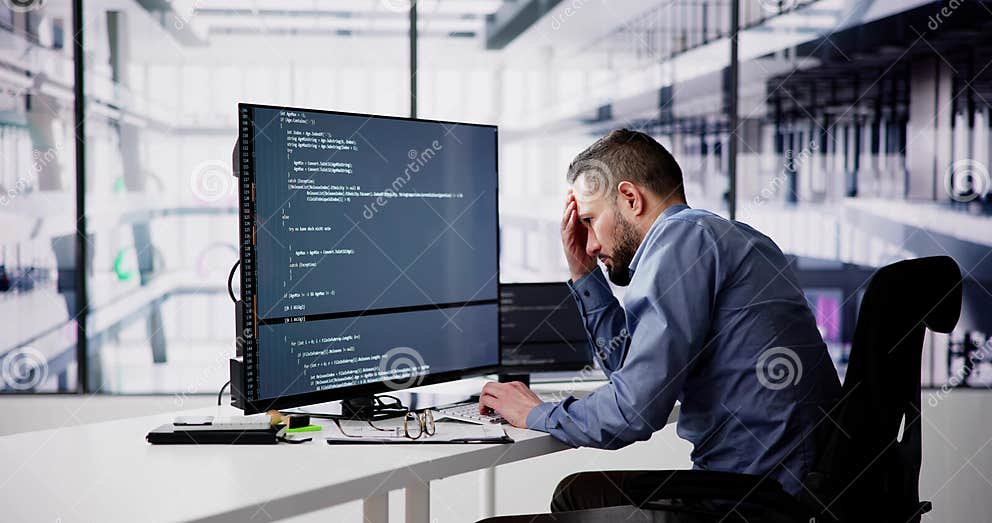 Unhappy Sad Developer Programmer Man in Stress Coding Software Stock ...
