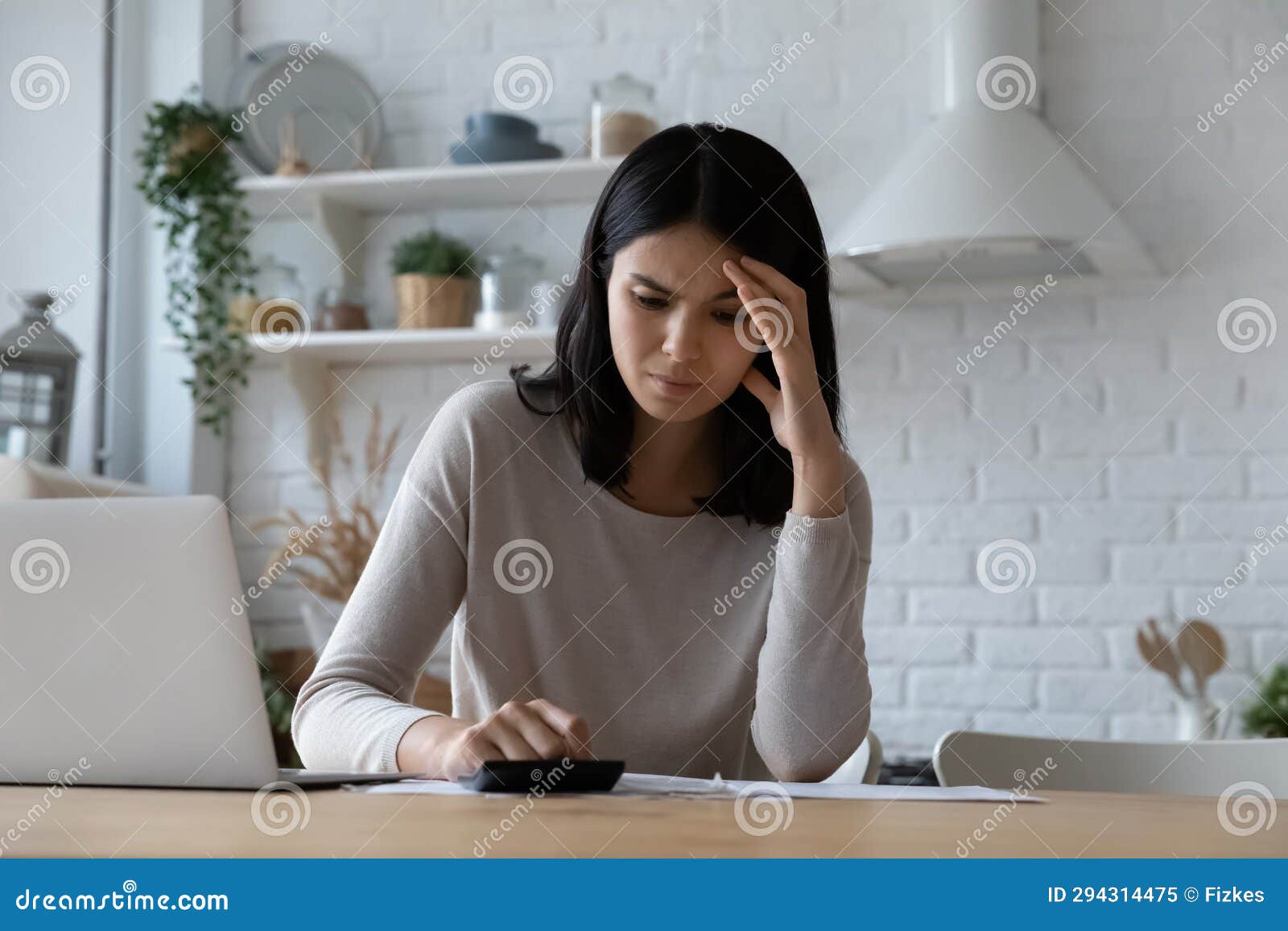 Unhappy Stressed Asian Woman Checking Bills, Having Money Problem Stock ...