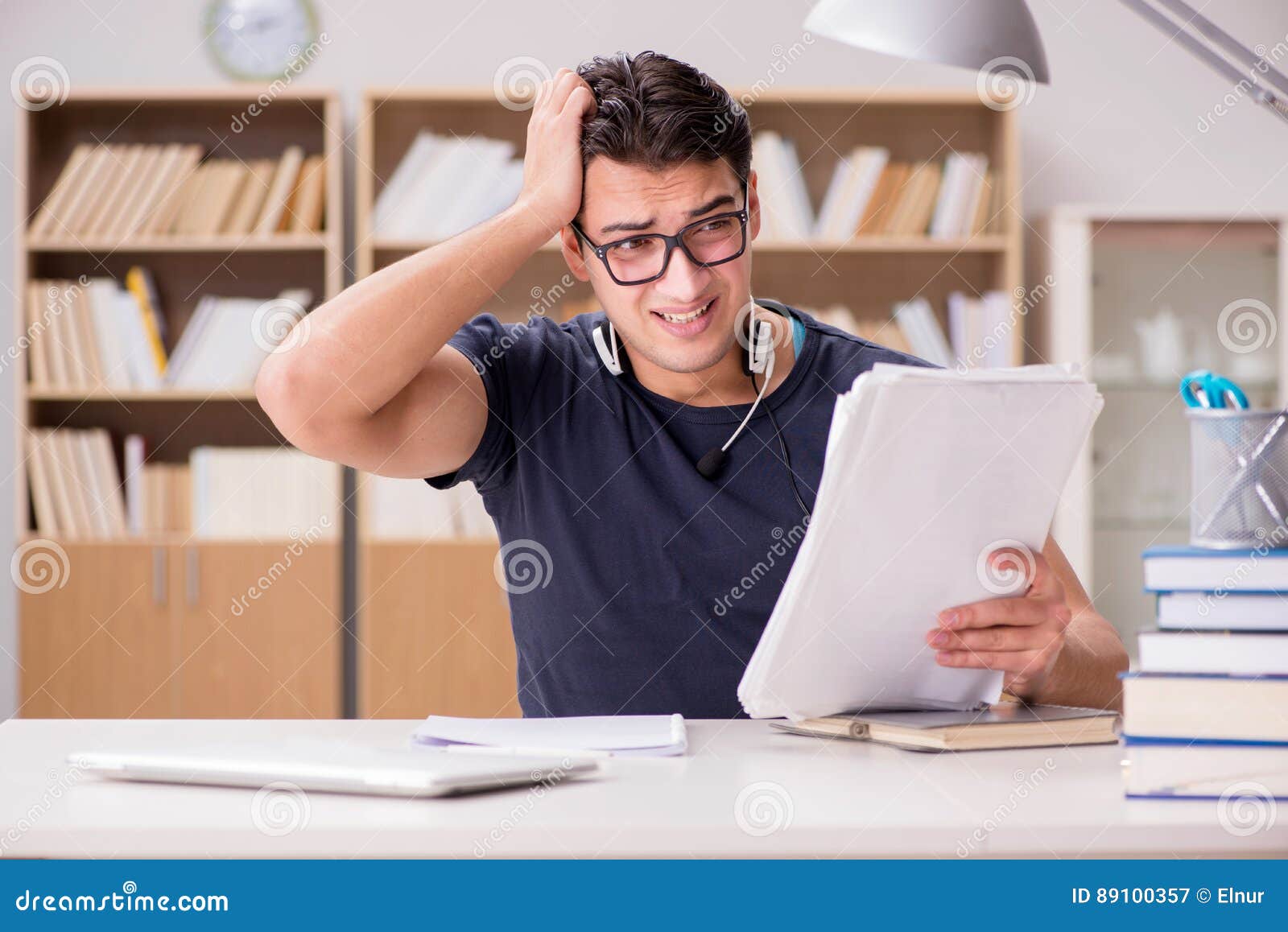 The Unhappy Student with Too Much To Study Stock Image - Image of desk ...