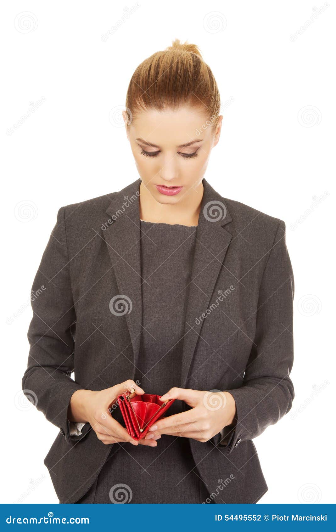 Unhappy Woman Looking into Her Wallet. Stock Photo - Image of ...