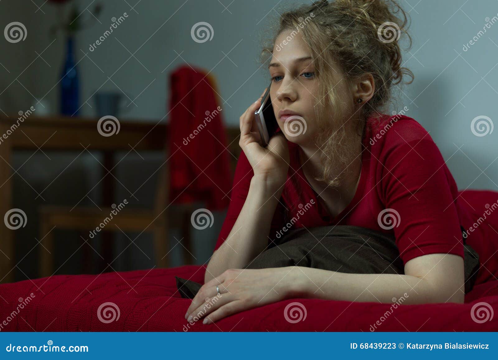 Unhappy Woman Talking on Mobilephone Stock Image - Image of lying ...
