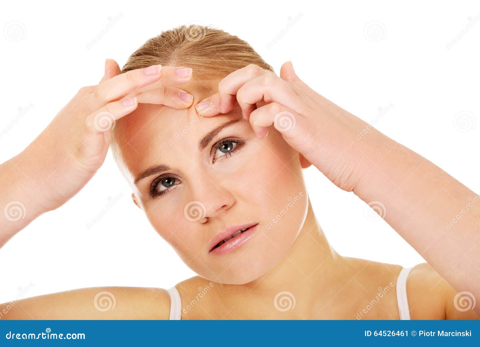 Unhappy Young Woman Squeezing Pimple on Face Stock Image - Image of ...